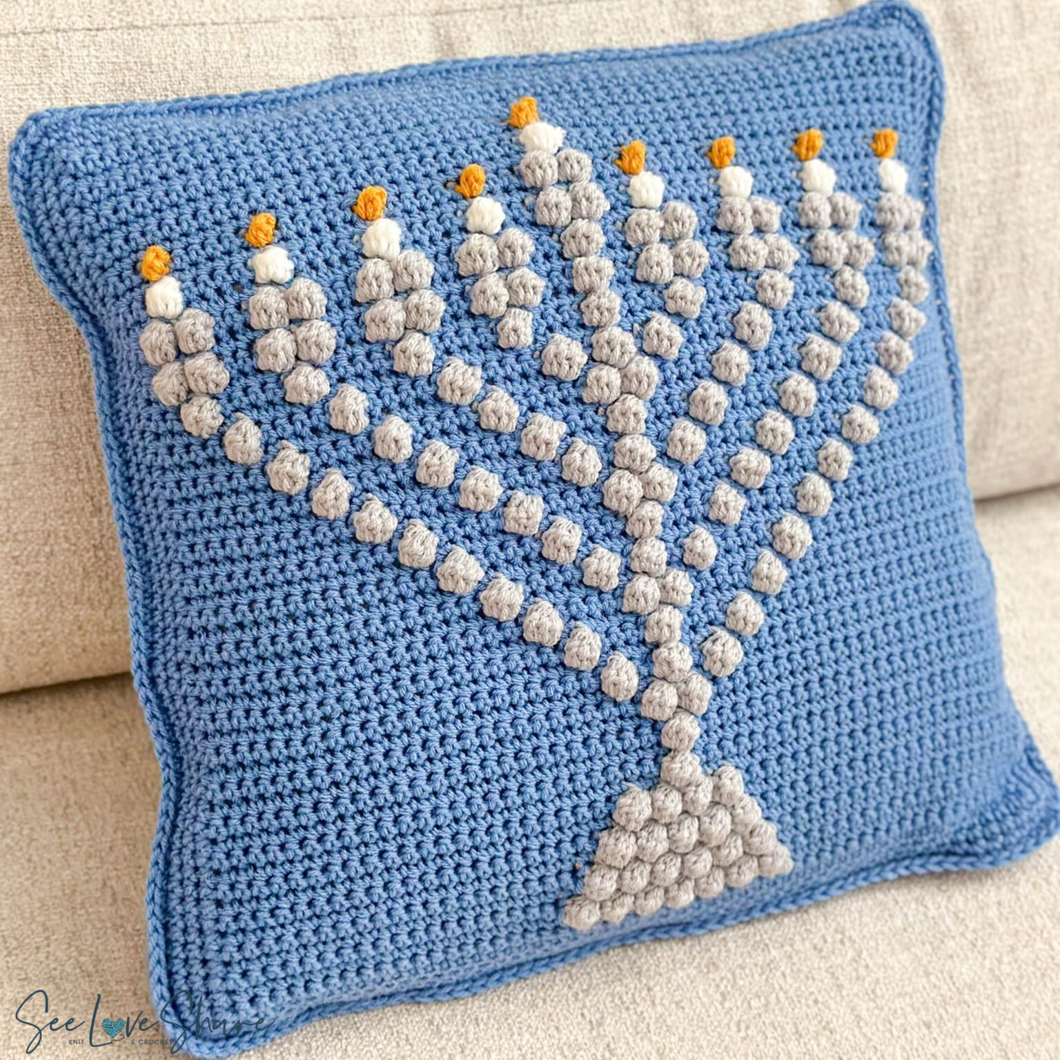 Menorah Bobble Stitch Pillow - Free Crochet Pattern