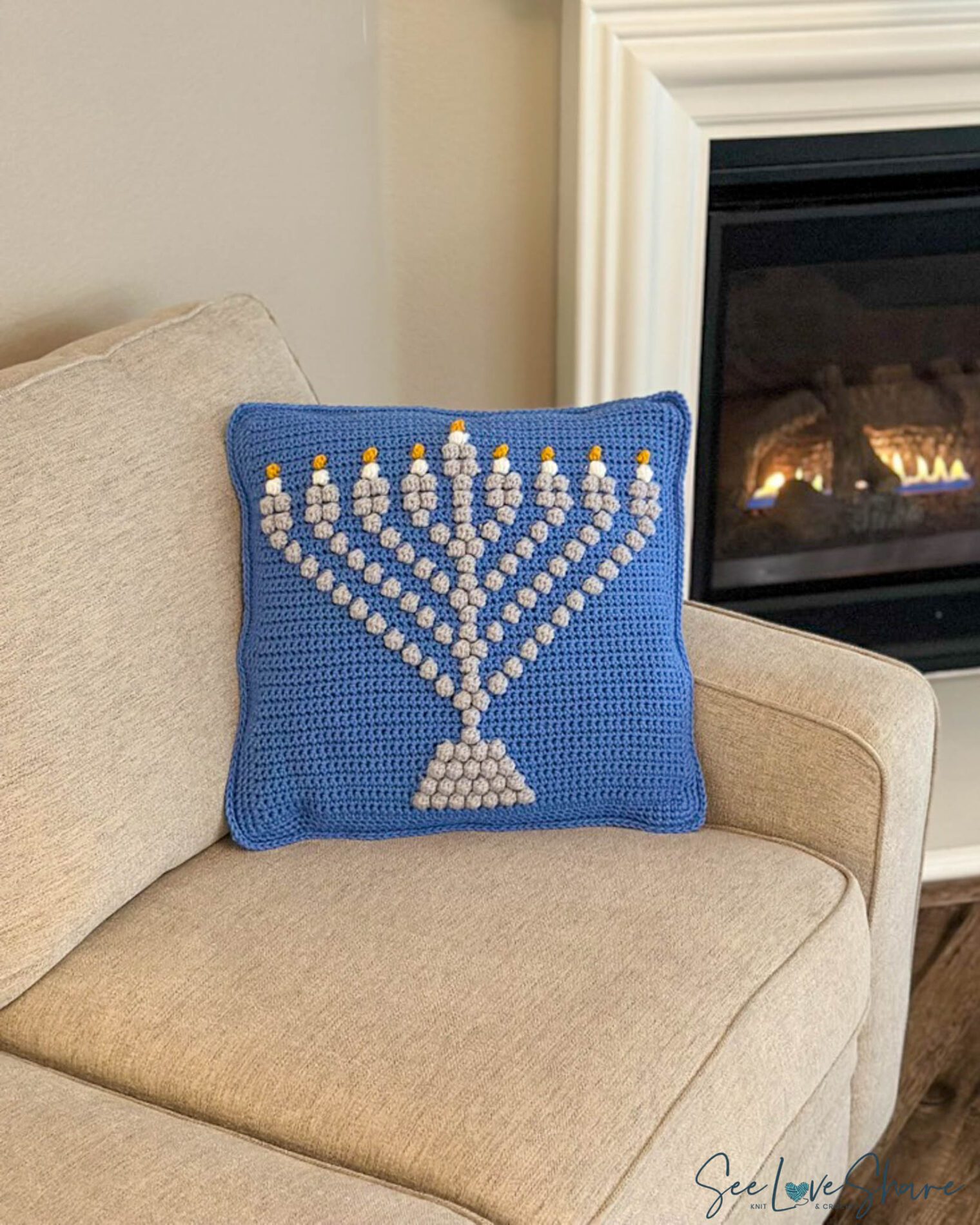 Menorah Bobble Stitch Pillow - Free Crochet Pattern